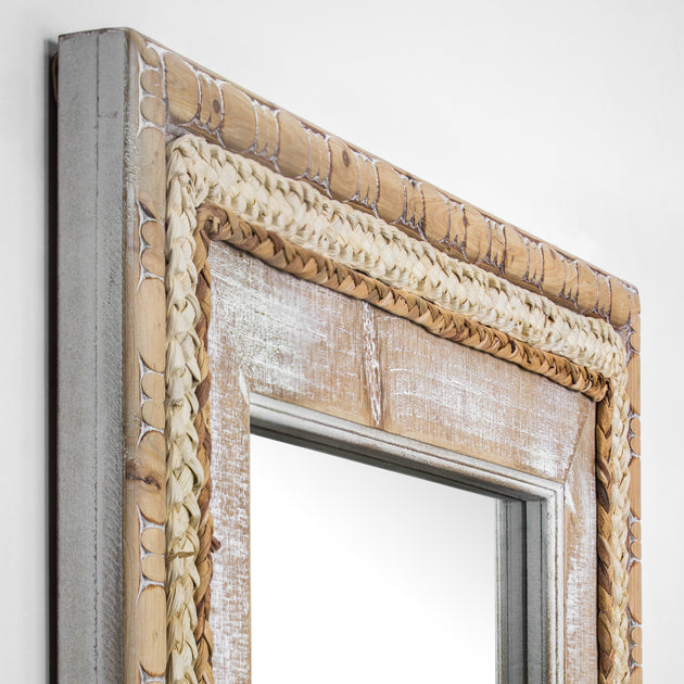 Inlaid Hand Woven Rattan Whitewashed Frame Rectangle Wall Mirror ...