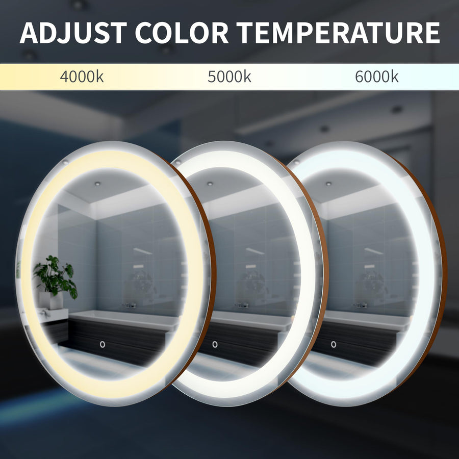 Copper Framed Bathroom Vanity Tri-Color Dimming Round LED Mirror ...